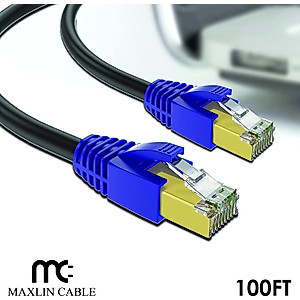 MAXLIN CABLE Cat 7 Ethernet Cable, 100 ft RJ45 600 MHz, Heavy Duty Indoor Outdoor Gaming LAN Cable, Shielded Copper Waterproof Direct Burial Zero Lag Network Patch, Compatible with Modem, Router, PS3