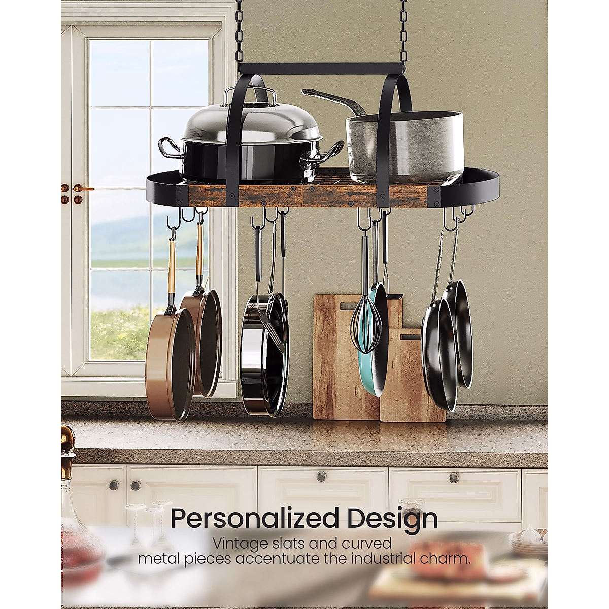 CHOEZON Hanging Pot Rack, Pot Hanger for Kitchen, Ceiling Mounted Pot Holder, Cookware Organizer with 12 S-Shaped Hooks, for Pot, Pan Storage, Space Saver, Rustic Brown and Black TPR08BF