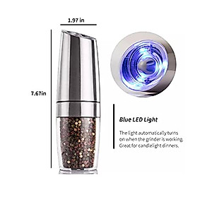 Gravity Electric Salt and Pepper Grinder Set, Battery operated, Stainless Steel, Adjustable Coarseness, LED light, One Hand Automatic Operation, 2 pack