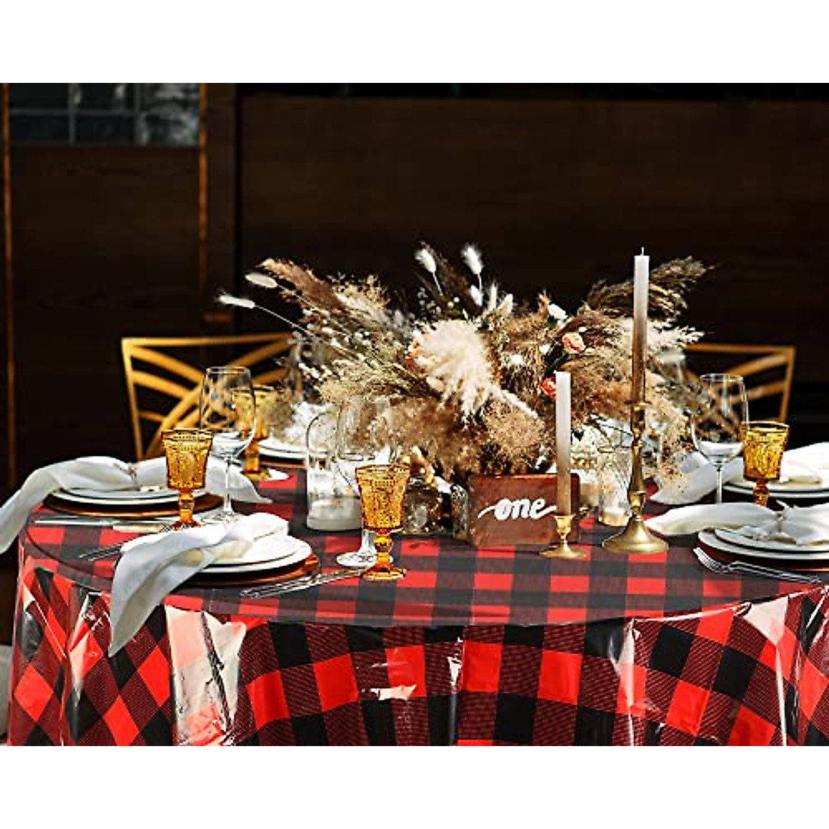 Remagr Christmas Disposable Checkered Tablecloth Round Plastic Buffalo Plaid Table Cloth 84 Inch Waterproof Gingham Cover for Picnic Camping Party Carnival BBQ (Red and Black, 6 Pieces)
