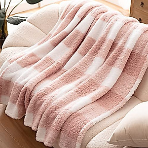 Bertte Fluffy Sherpa Throw Blanket Ultra Soft Warm Lightweight Plaid Shaggy Blanket for Couch Sofa Travel, Premium Reversible Decorative Faux Fur Blanket for All Seasons, 50"x 60", Checker Pink