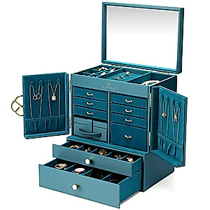 Vlando Jewelry Box Organizer Faux Leather Mirror Jewelry Storage for Women Large Jewelry Eaarring Necklace Watch Rings Boxes Case Christmas New Year Thanksgiving Gift Green