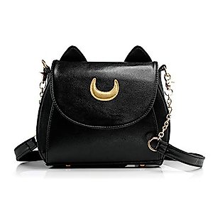 Oct17 Moon Luna Design Purse Kitty Cat satchel shoulder bag Designer Women Handbag Tote PU Leather Girls Teens School Sailer Style (Black)