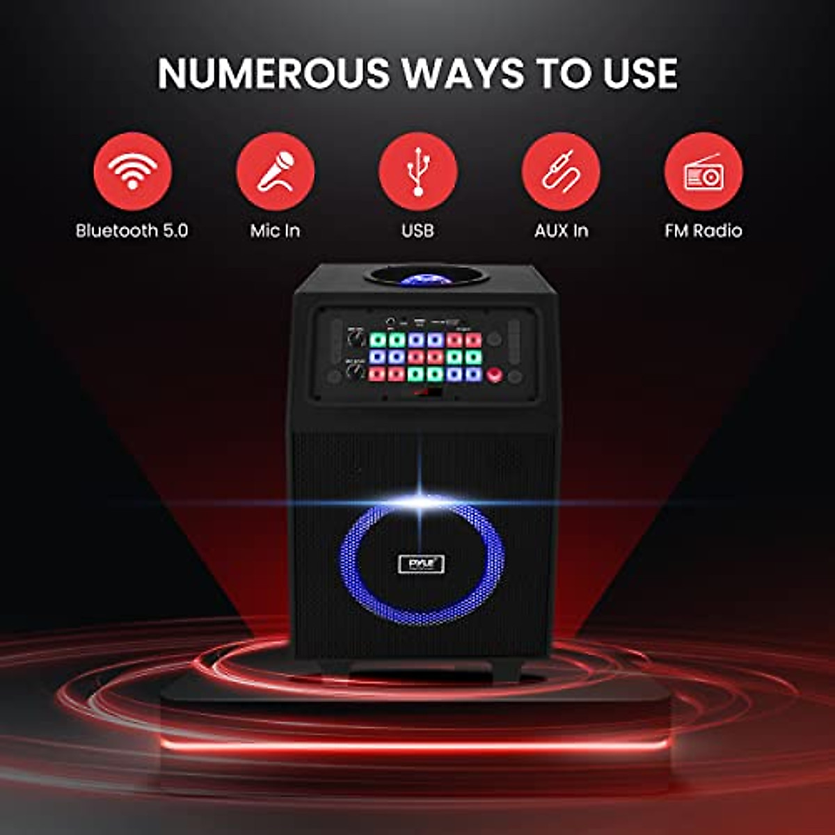 Pyle Portable Karaoke PA Speaker System - 600W 8” Rechargeable BT Speaker, TWS, Party Lights, LED Display, FM/AUX/MP3/USB/SD, Wheels - Wireless Mic, Remote Control, Tablet Holder Included - PHP18DJT