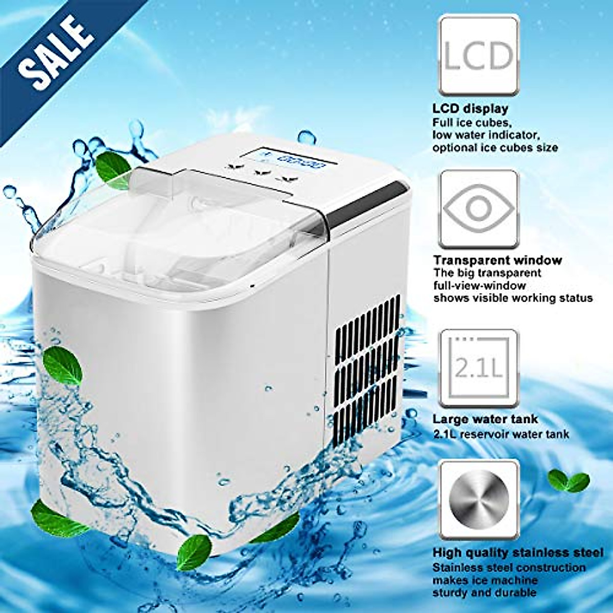 COSTWAY Countertop Ice Maker, 26LBS/24H with Self-Clean Function, LCD Display, 9 Bullet Ice/ 7 Mins, Portable and Compact Ice Machine with Ice Scoop, for Homes, Offices, Bars, Stainless Steel