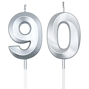 Silver 90th Birthday Candles for Cakes, Number 90 Candle Cake Cupcake Topper for Birthday Anniversary Party Decoration