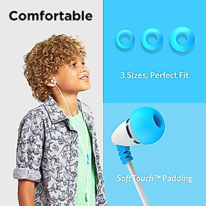 LilGadgets BestBuds Kids Earbuds for School - Safe & Comfortable, Volume Limited, Wired in-Ear Kids Ear Buds with an in-Line Microphone, Travel Case, and Splitter - Blue