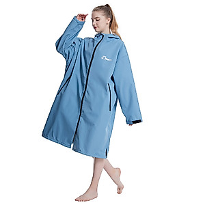 Oksun Oversized Waterproof Swim Parka: Windproof Warm Swimming Coat - Water Resistant Jacket - Thin Fleece Lined Surf Poncho (L-XL, Blue)