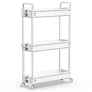 SOLEJAZZ Slim Storage Cart, 3 Tier Bathroom Cart Organizer Mobile Shelving Unit Rolling Utility Cart, Slide Out Organizer for Kitchen, Bathroom, Laundry, Narrow Places, White