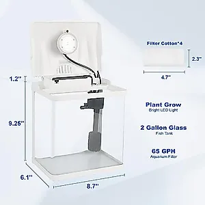 TARARIUM Glass Betta Fish Tank Set Up Aquarium Starter Kit Small Nano 2 Gallon with Waterfall Filter and Planted Light, Self Cleaning for Shrimp Goldfish Desktop Office Home Room Decor