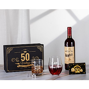PUGED 50th Birthday Gift Set for Men or Women with Gift Package Vintage 12 oz Whiskey Glass and 49 + One Middle Finger 18 oz Stemless Wine Glass