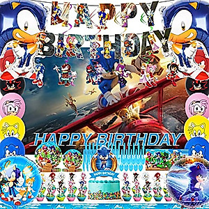 Sonic Birthday Party Supplies, Birthday Party Decorations Including Banners, Foil Balloons, Latex Balloons, Cake Toppers, Plates, Tableware, Backdrop and Tablecloth