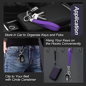 MECHCOS Car Key Fob Keychain Holder Genuine Leather Wristlet Loop Key Chain Circle Carabiner Clip for Men and Women with Anti-Lost D Ring, Screwdriver, 4 Key Rings, 360 Degree Rotatable, Purple