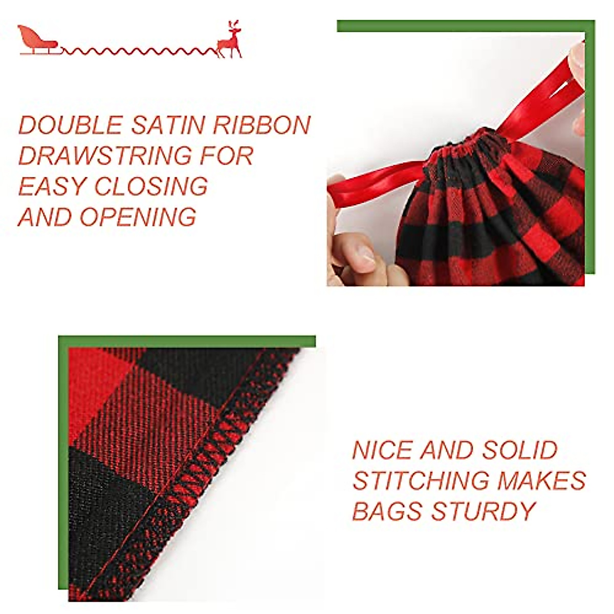 HRX Package Big Fabric Drawstring Gift Bags, 6pcs Reusable Christmas Sacks Red and Black Buffalo Plaid Cloth Pouches for Xmas Presents Party Favor