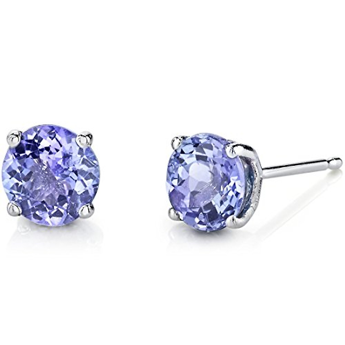 Peora 14K White Gold Tanzanite Stud Earrings for Women, Genuine Gemstone, Classic Solitaire Round Shape, 6mm, 1.50 Carats total, Friction Back