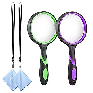 2Pcs 10X Handheld Magnifying Glass Authentic for Kids Seniors, 75MM Thickened Magnifying Lens & Non-Slip Handle with Rope Reading Magnifier for Book Reading, Hobby Observation, Science (Purple+Green)