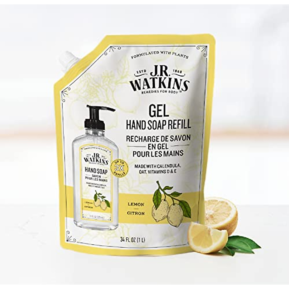 J.R. Watkins Gel Hand Soap Refill Pouch, Scented Liquid Hand Wash for Bathroom or Kitchen, USA Made and Cruelty Free, 34 fl oz, Lemon, 6 Pack