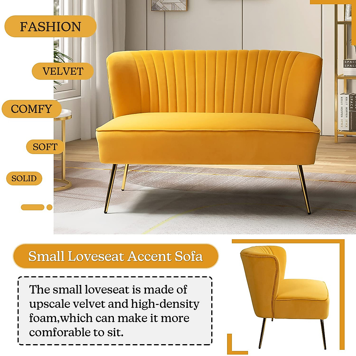 TINA'S HOME Contemporary Velvet Loveseat Sofa, Upholstered Loveseat Couch with Golden Metal Legs, Small Tufted 2-Seat Sofa Armless Love Seat for Living Room, Bedroom, Apartment Small Spaces, MUSTARD