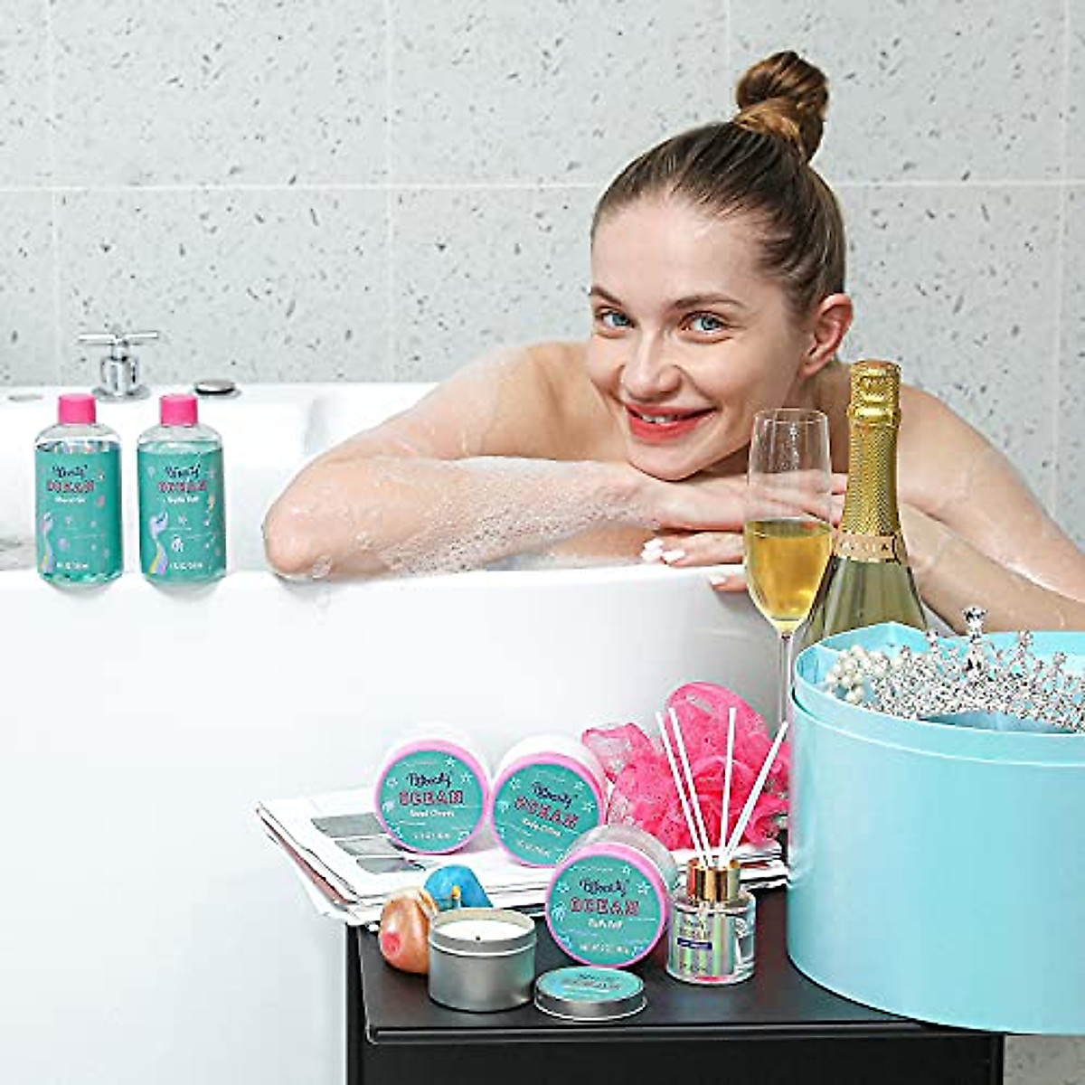 BFF BEAUTY Spa Gifts for Women, 10 Pieces Ocean Bath Set Spa Kit Christmas Gift with Bubble Bath, Bath Salt, Shower Gel, Rock Soap, Body Lotion, Jewellery Box, Birthday Spa Gift Basket for Women & Men