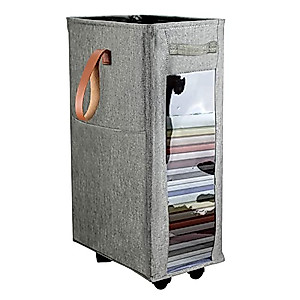 27" Slim Laundry Hamper, 65L Large Foldable Rolling Laundry Basket Carts with Handle and Wheels Waterproof & Breathable Mesh Liner for Dirty Clothes Storage (Grey)