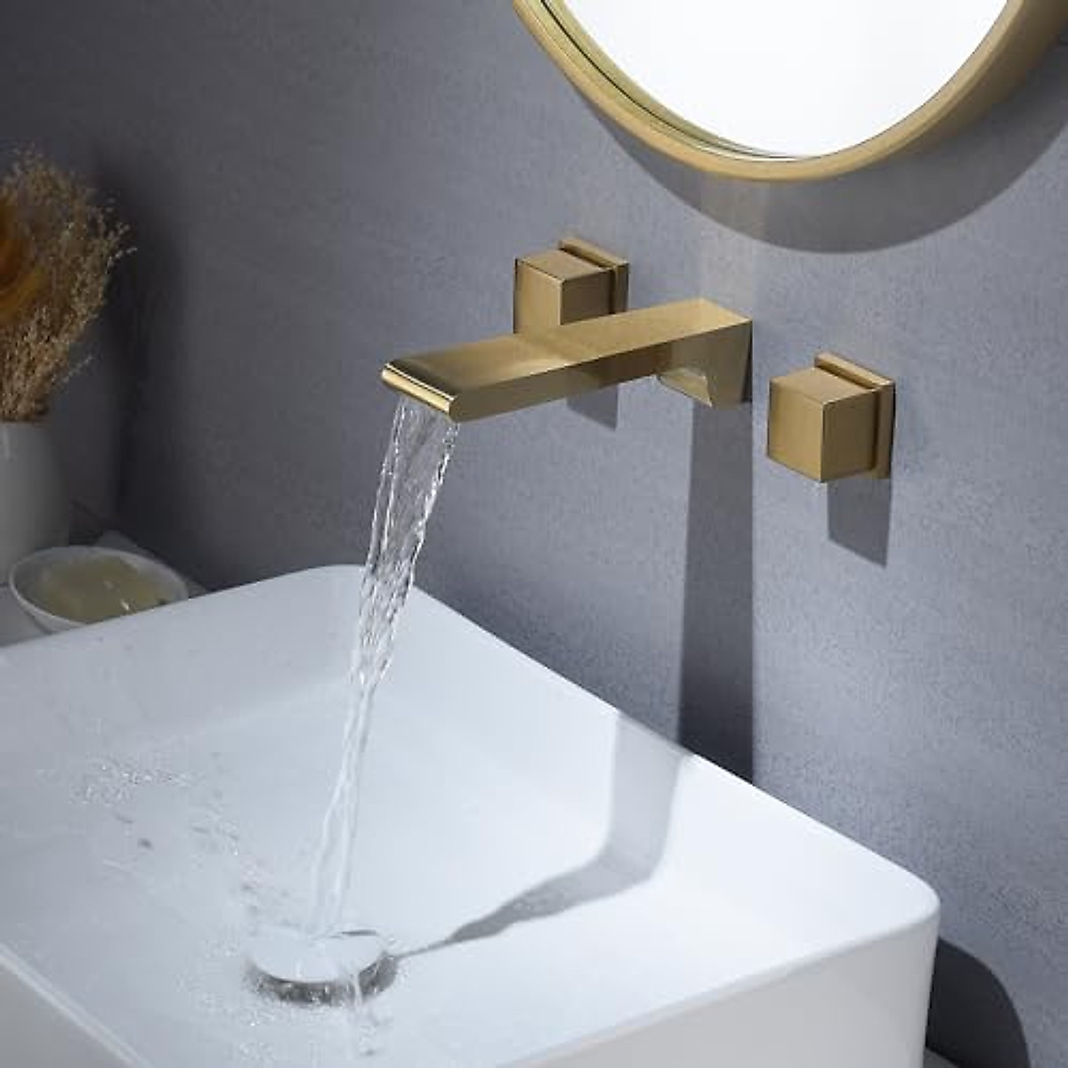 MONDAWE Brushed Gold Bathroom Faucets, Wall Mounted Sink Faucet with 2-Handle, Modern 3 Holes Widespread Basin Faucet