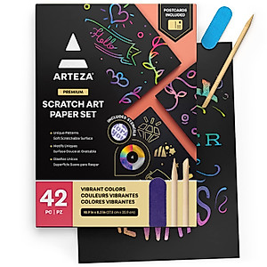 ARTEZA Scratch Paper, Set of 42 Sheets, 10.9 x 8.2 Inches, Includes 4 Unique Patterns, 4 Scratchers, 4 Stencils, 4 Post Cards