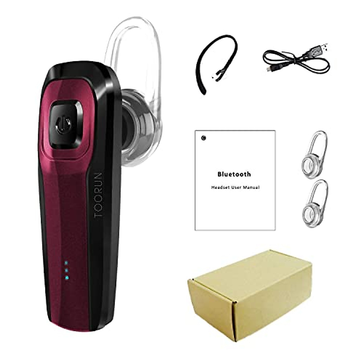 TOORUN Bluetooth Earpiece, M26 Bluetooth Headset Handsfree Wireless Headphone with Noise Cancelling and Microphone Compatible for Android iPhone Cell Phone Laptop - Red