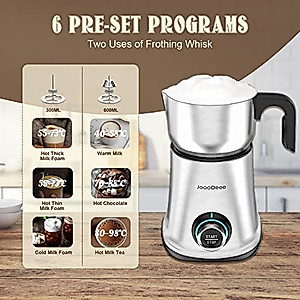 Milk Frother Electric, JoooDeee Automatic Milk Frother 600ml Removable 6 in 1 Dishwasher Safe Milk Container, Quiet, 500W, Stainless Steel
