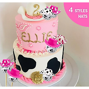 48Pcs Disco Cowgirl Cake Decoration, 24Pcs Disco Ball Cup Toppers 24Pcs Mini Pink Cowgirl Hats Cow Print Cowboy Hats Westen Cowgirl Party Favor Birthday Table Decor