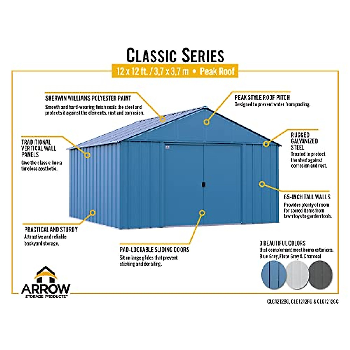 Arrow Sheds Classic 12' x 12' Outdoor Padlockable Steel Storage Shed Building, Charcoal