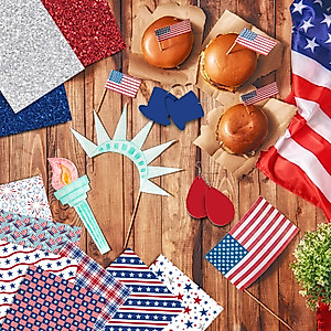 Whaline 4th of July Faux Leather Sheets 8 x 12 Inch Patriotic Synthetic Leather Fabric Glitter Red Blue Stars Stripes National Flag Faux Leather for Independence Day DIY Craft Earring Hair Bow, 12Pcs