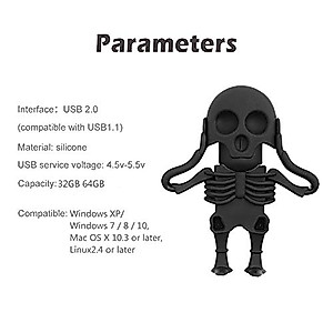 64GB USB Flash Drive Cartoon Skeleton Shaped Memory Stick, BorlterClamp Cool Thumb Drive Pen Drive Amazing Gifts, Black