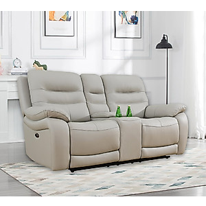 Ocstta Genuine Leather Power Recliner Couch, 77" Leather Couch with Storage Console&Cup Holer, Top Grain Reclining Leather Couch for Living Room Office Apartment (Recliner Loveseat, Light Grey)