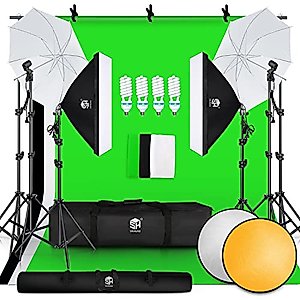SH 2.6M x 3M/8.5ft x 10ft Photography Lighting Backdrops Stand Accessories Kit and 4 x 65W 5500K Bulbs Green Screen Umbrellas Softbox Continuous Light Kit for Photo Studio Portrait Video Shoot