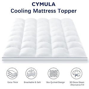 CYMULA Super Queen Cooling Mattress Topper, Extra Thick 8-21 Inch Elasticated Deep Pocket, Plush Down Alternative Fill, White