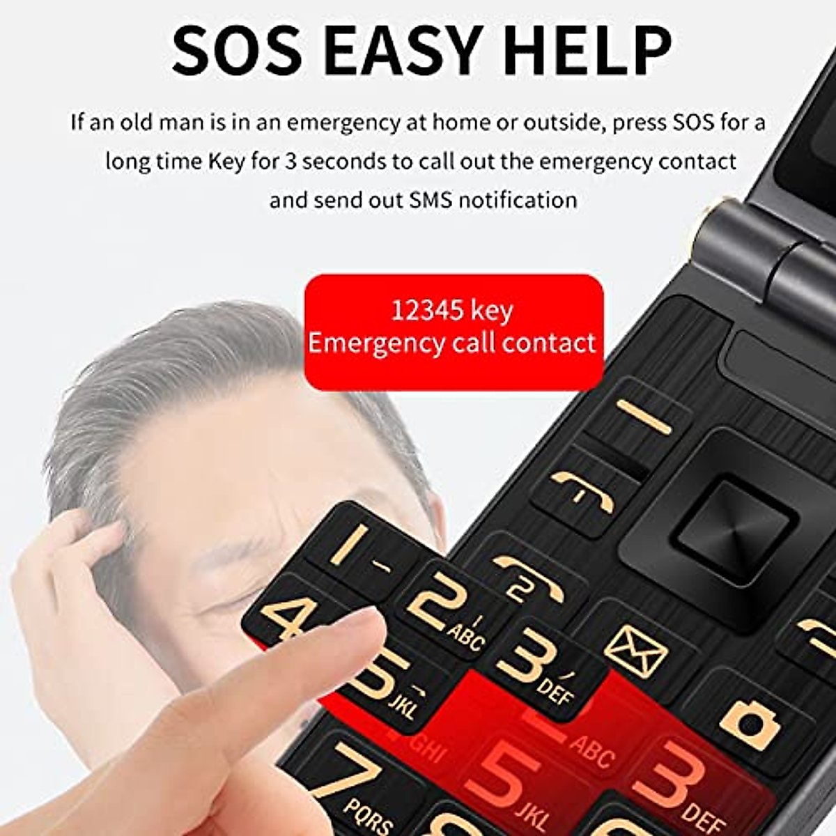 3.0 Inch 3G Flip Cover Cell Phone for Seniors with Internal and External Dual Screen Display, Large Buttons and Fonts, Built in LED Flashlight, One Touch Family Number(Gold)