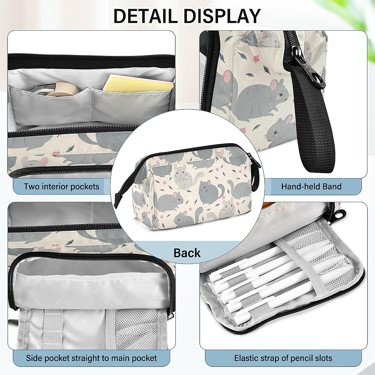 IHCVHQX Cute Chinchillas Flowers Pencil Case Large Capacity Pencil Pouch Pen Bag Office Stationery Organizer Pencil Bag for Teens Girls Boys Adults Student