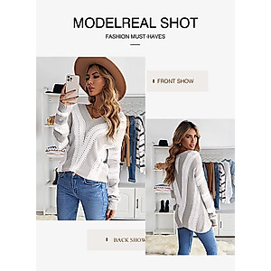 Elapsy Women‘s Casual Long Sleeve Oversized Knit Sweaters Striped Blockcolor V Neck Loose Lightweight Knited Sweater Pullover Sweater Gray L