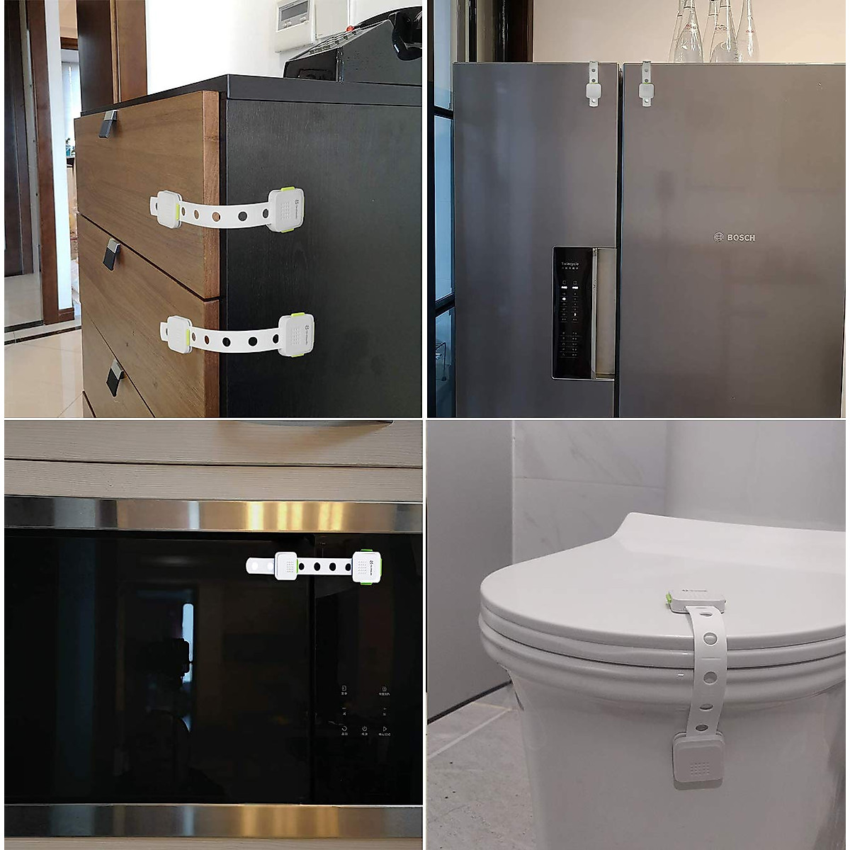 Baby Safety Cabinet Locks with Adjustable Strap,No Drilling,Baby Proofing for Refrigerators, Toilets, Doors,2/8 Count,Green/Grey