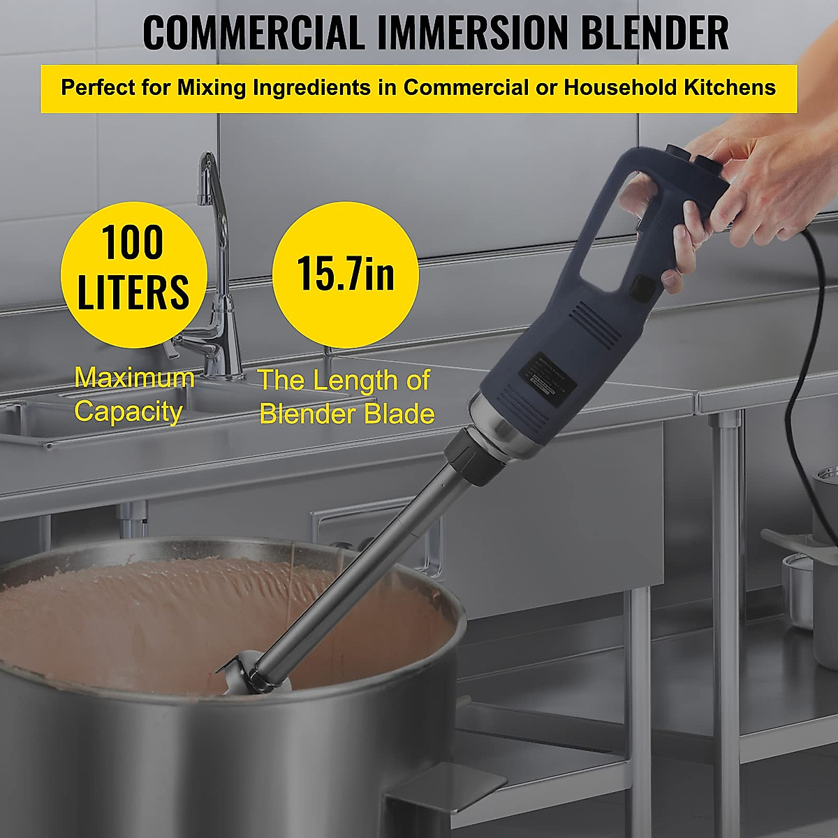 VBENLEM Commercial Immersion Blender 500W Power, Hand Held Mixer with 15.7-Inch 304 Stainless Steel Removable Shaft, Electric Stick Blender Variable Speed 4000-16000RPM