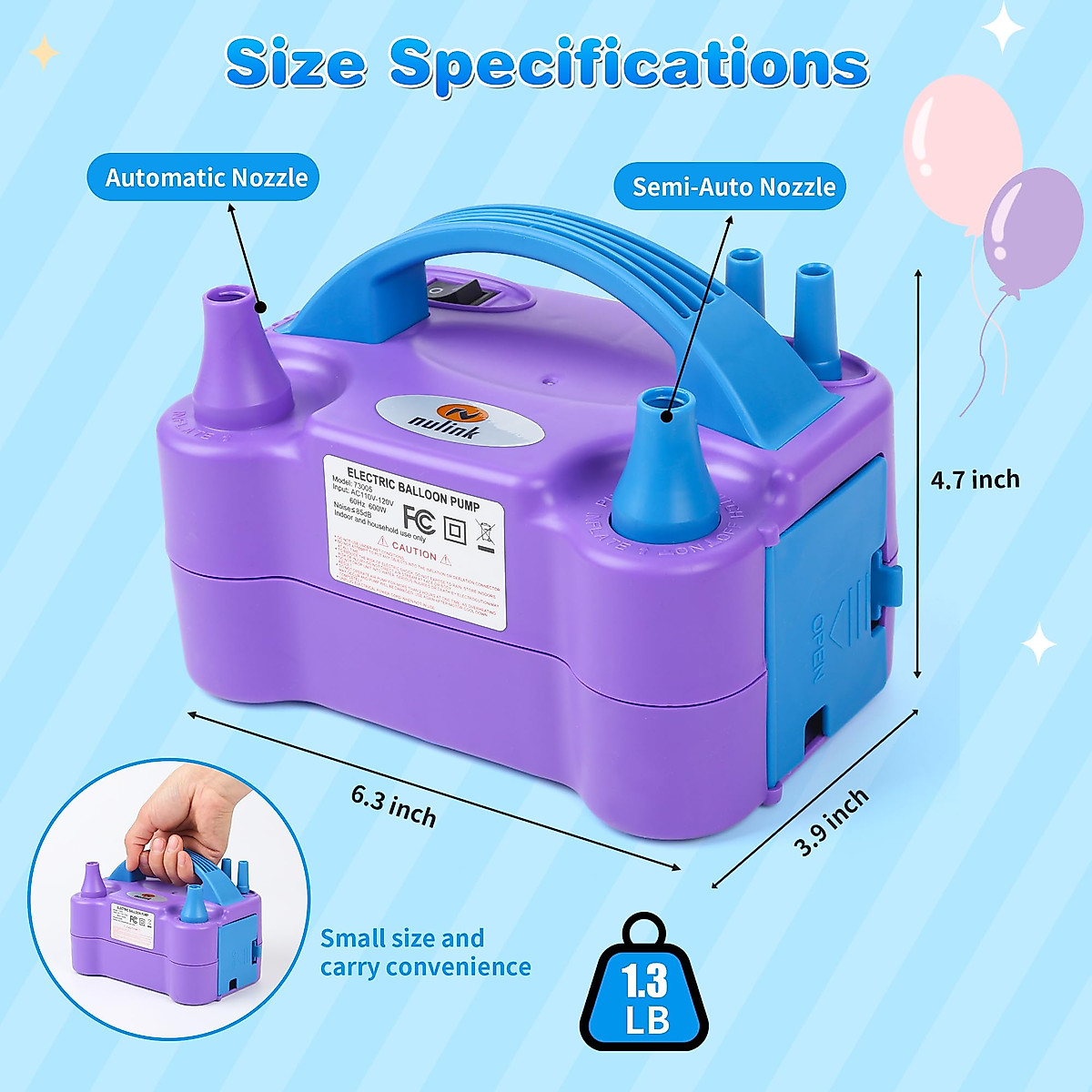 NuLink Electric Portable Dual Nozzle Balloon Blower Pump Inflation for Decoration, Party [110V~120V, 600W, Purple]
