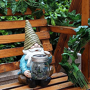 Vcdsoy Solar Firefly Jar Gnome Waterproof - Solar Outdoor LED Lights Resin Garden Gnome Statues Decor 10.4" Lantern Figurines Funny Yard Decorations Gifts for Ornament Outside Patio Yard Lawn Porch