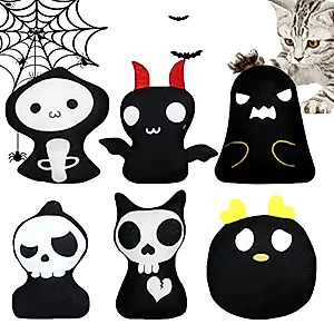 YHomU Cat Catnip Toys Horrible Ghost Cat Chew Toy Bite Resistant Catnip Toys Set of 6 Ghost Monster 2-Sided Catnip Filled Teething Chew Toys Pet Gift for Kitten Cats (Black)