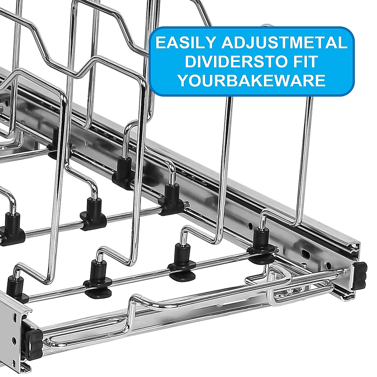 BBLHOME Pan and Pot Lid Pull Out Organizer,Cabinet Under Sliding Shelf with Adjustable Dividers,Cookware Organizer Rack for Kitchen,Pantry,11" W x 21" D x 9" H with Water Tray,Chrome