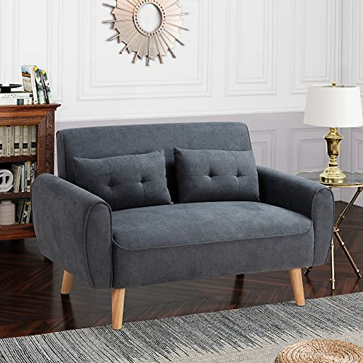 Shintenchi 47" Small Modern Loveseat Couch Sofa, Fabric Upholstered 2-Seat Sofa, Love Seat Furniture with 2 Pillows, Wood Leg for Small Space, Living Room, Bedroom, Apartment, Dark Grey