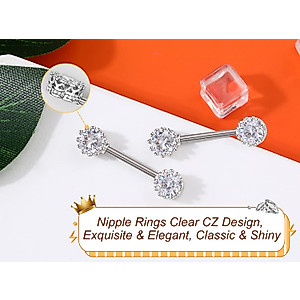 Melighting 14G Nipple Rings Shiny Clear CZ Dainty 316L Surgical Steel Nipple Piercing Barbell Nipple Bars Nipple Piercing Jewelry for Women Men