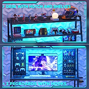 Besiost Small Gaming Desk with Hutch and LED Lights, Gaming Computer Desk with Power Outlets, Gamer Desk with Storage Shelves, PC Gaming Desk with Pegboards for Bedroom Small Spaces, Black, 43"