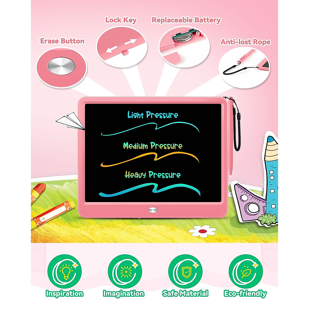 KOKODI 12 Inch LCD Writing Tablet with Anti-Lost Stylus, Erasable Doodle Board Colorful Toddler Drawing Pad, Car Travel School Games Toys for 3 4 5 6 7 8 Kids, Birthday Gift for Girls Boys Adults Pink