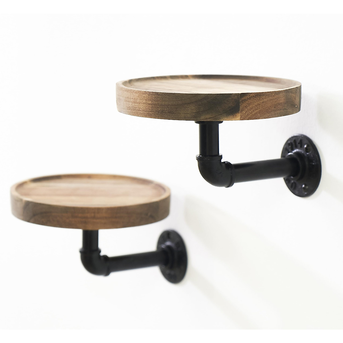 Round Circular Shelves Floating Acacia Wood (Set of 2) Diameter 7.1 inches. Wall Mounted Planter Shelves with Pipe Brackets. Chic Modern Rustic Industrial Pipe Décor for Display, Trophy, Ornaments