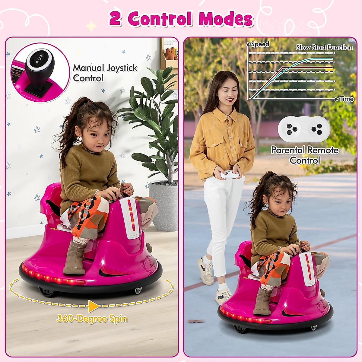 Costzon 12V Kids Ride On Bumper Car, Electric Bumper Car w/Dual Joysticks, Remote Control, 360° Spin, Slow Start Function, LED Lights & Fun Music, Adjustable Safety Belt, Soft Bumper (Pink)